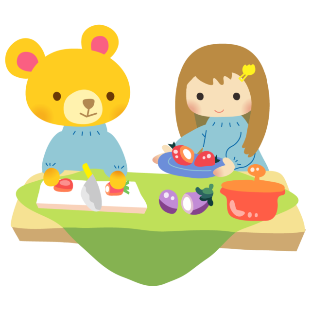 ままごとで遊ぶ女の子のイラスト画像素材（無料、フリー）